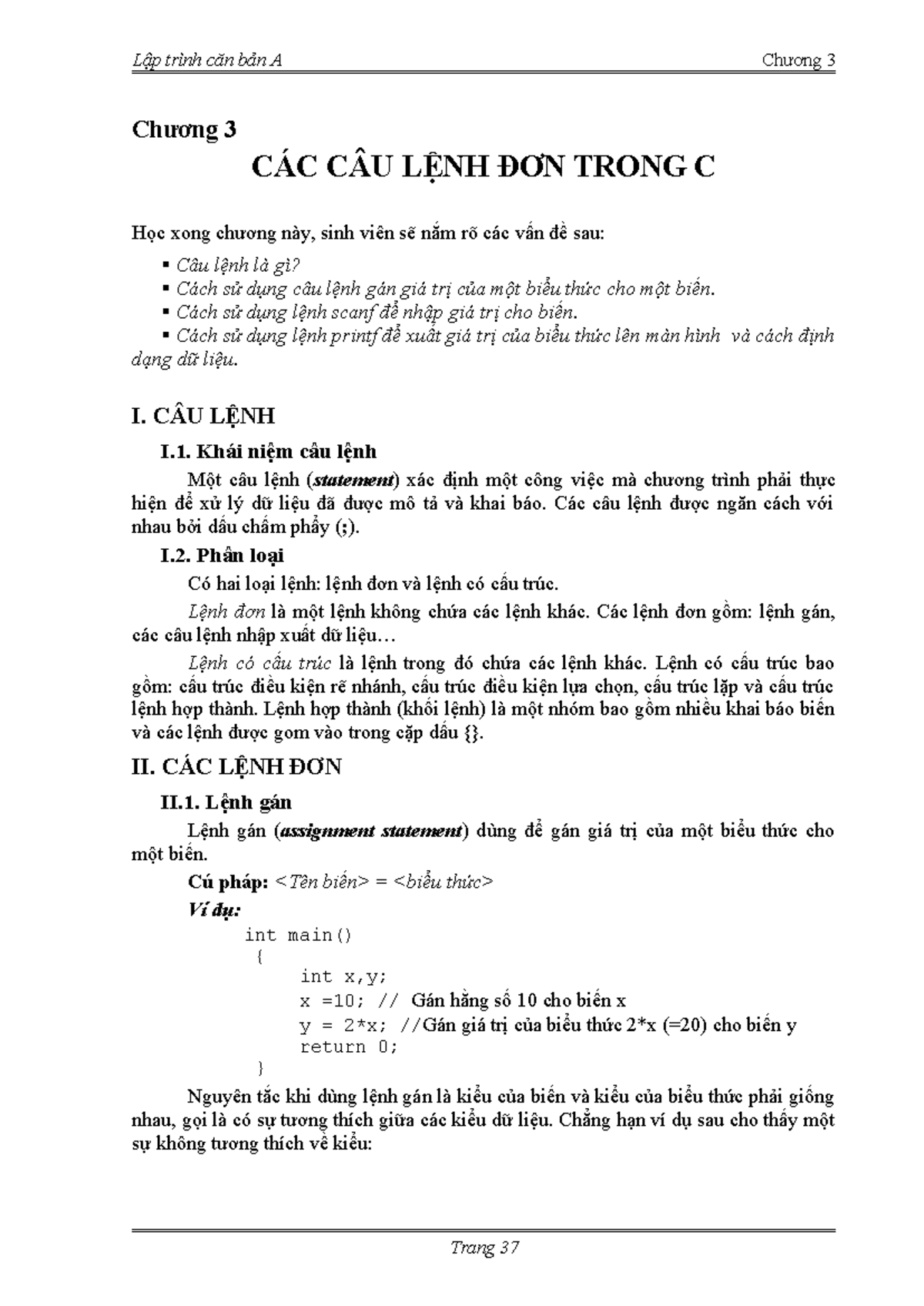 Ch3 Cac lenh don - Giáo trình chương 3 ngôn ngữ lập trình C - Chương 3 CÁC CÂU LỆNH ĐƠN TRONG C ...