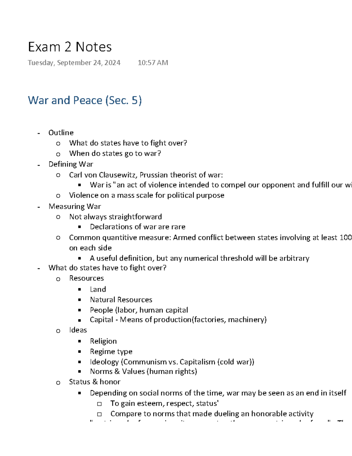Exam 2 notes blanskensip - War and Peace (Sec. 5) Outline What do ...
