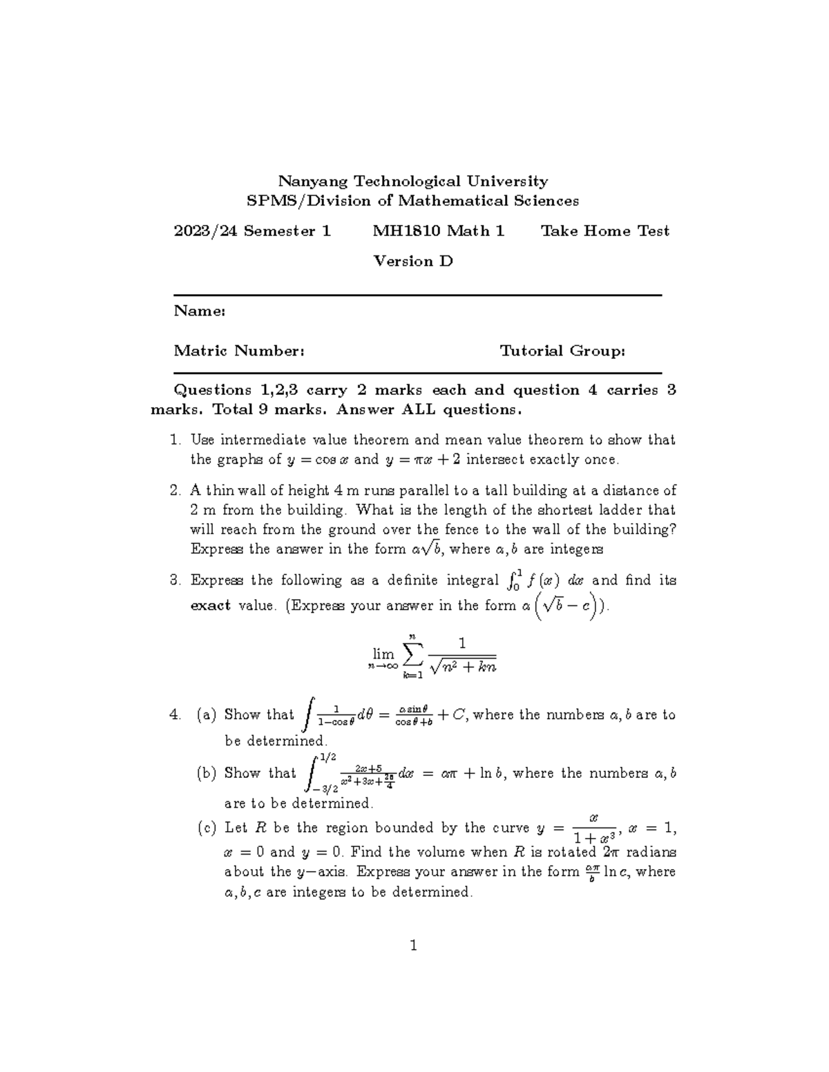 MH1810 Take Home Test - Take Home Test 23/24 Version D - Nanyang ...