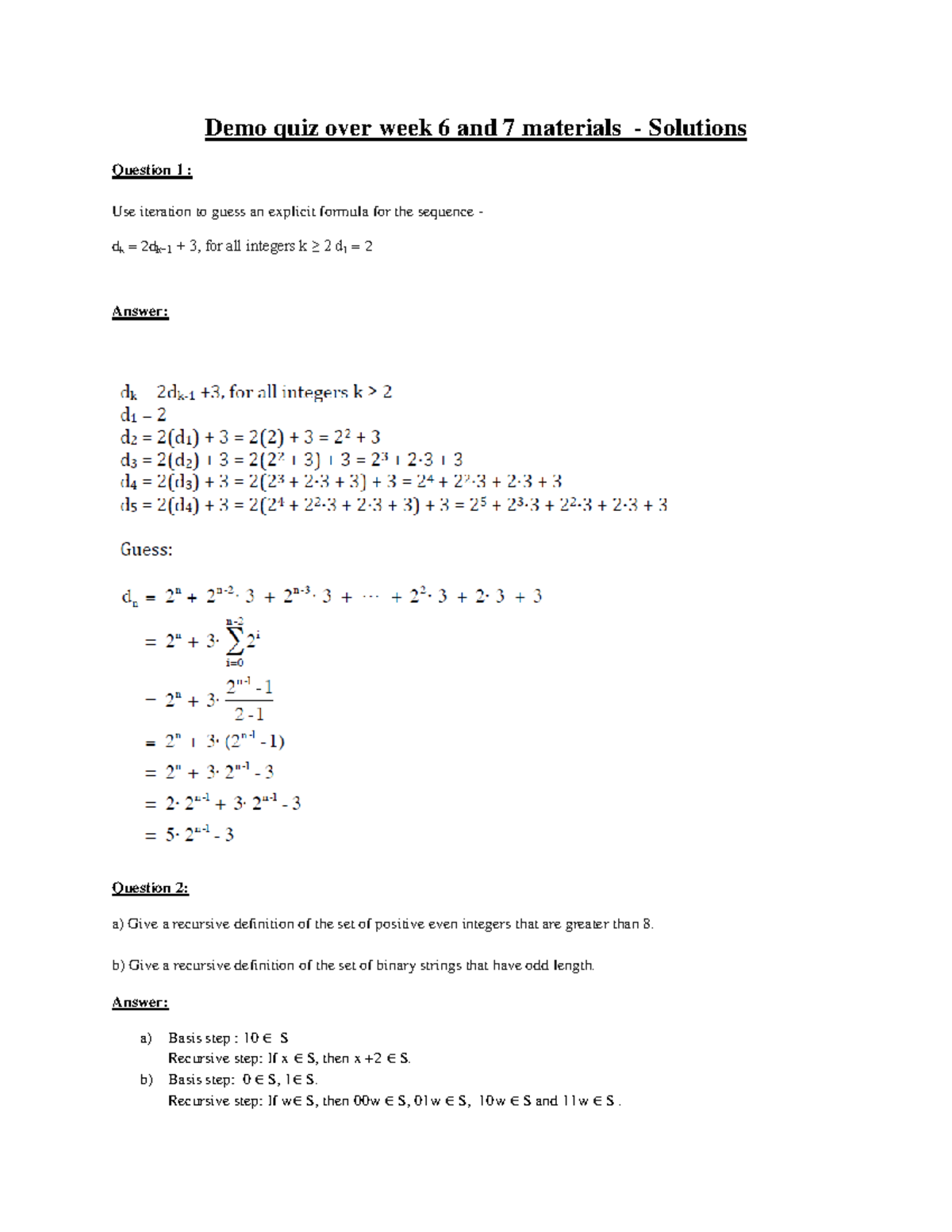 Recursion questions - Answer to assignments - Demo quiz over week 6 and ...