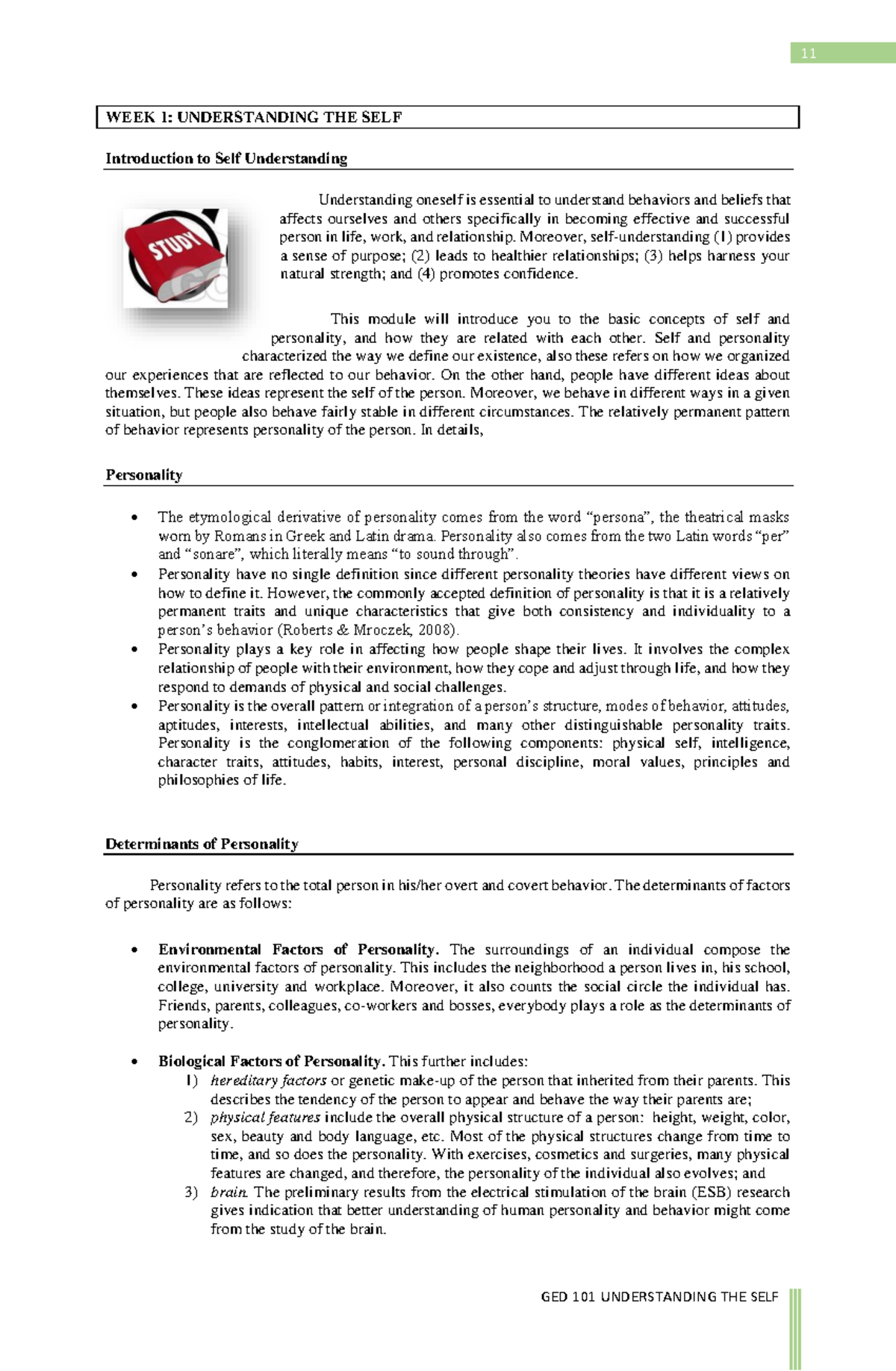Week 1 — Understanding the Self - 11 GED 101 UNDERSTANDING THE SELF WEEK 1: UNDERSTANDING THE ...