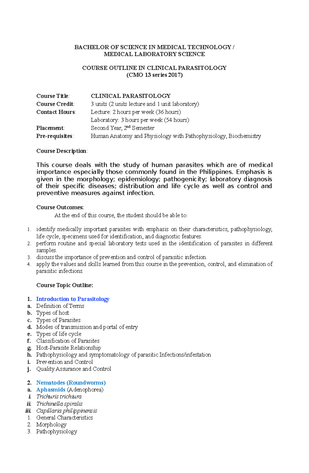 Course-Outline-Parasitology - BACHELOR OF SCIENCE IN MEDICAL TECHNOLOGY ...