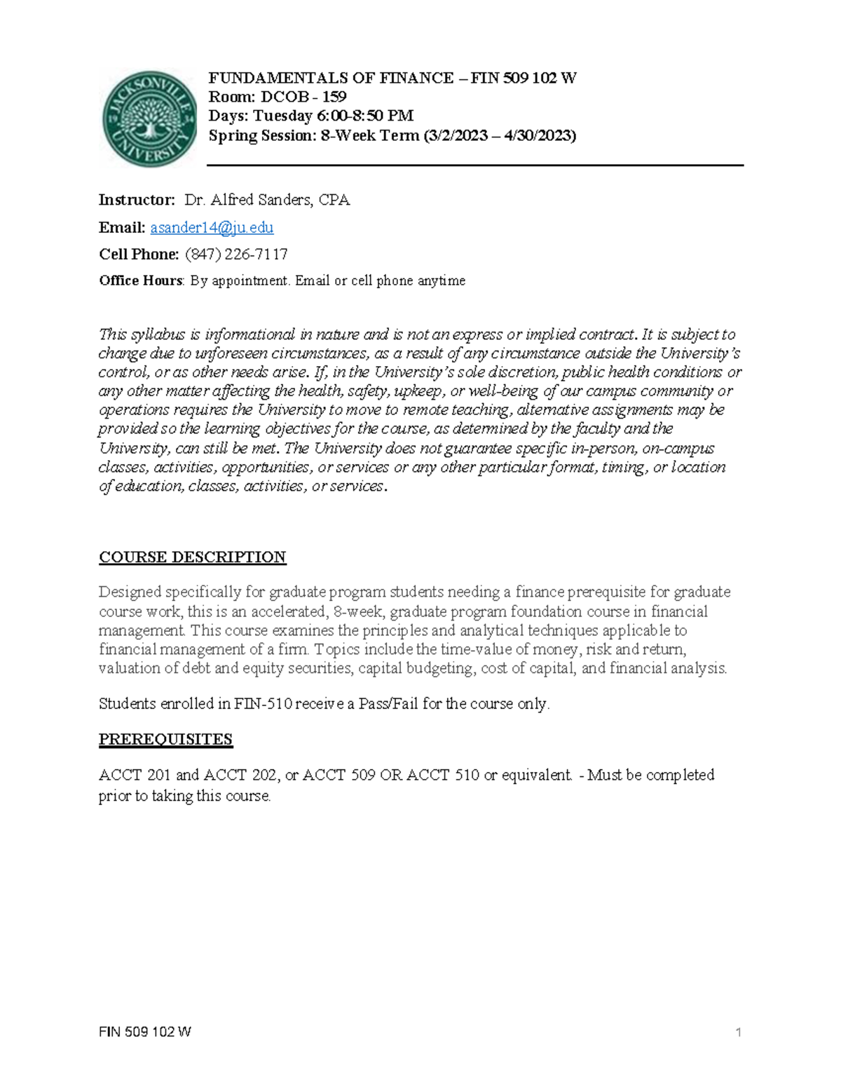 JU FIN 509 102 W Spring 2023 - FUNDAMENTALS OF FINANCE – FIN 509 102 W ...