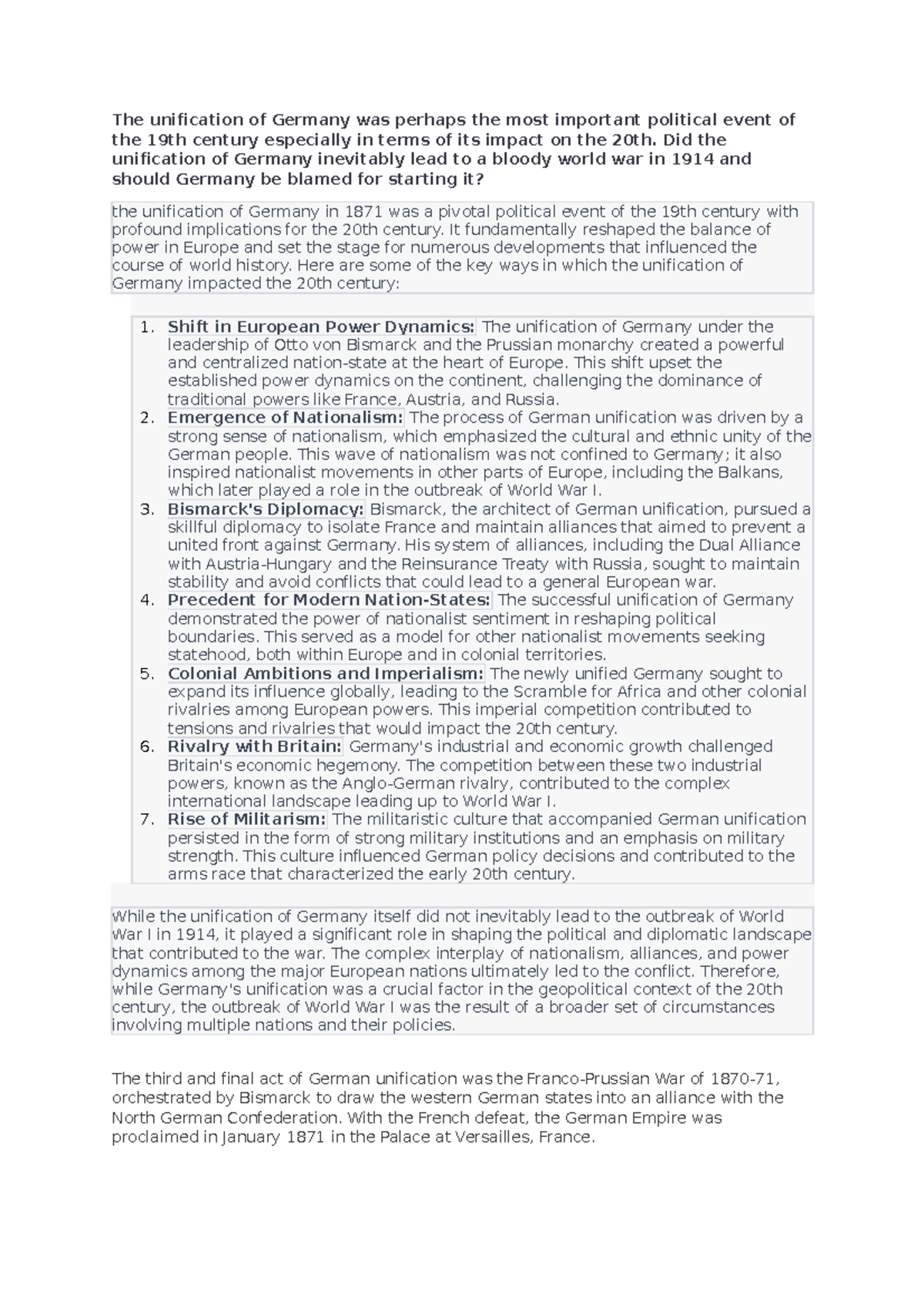 HIS finals - midterms - The unification of Germany was perhaps the most ...