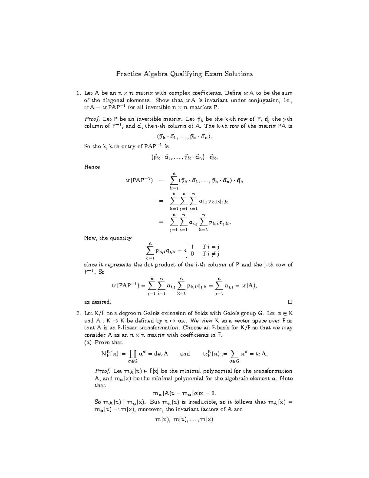 Exercise - Practice Algebra Qualifying Exam Solutions LetAbe ann× ...