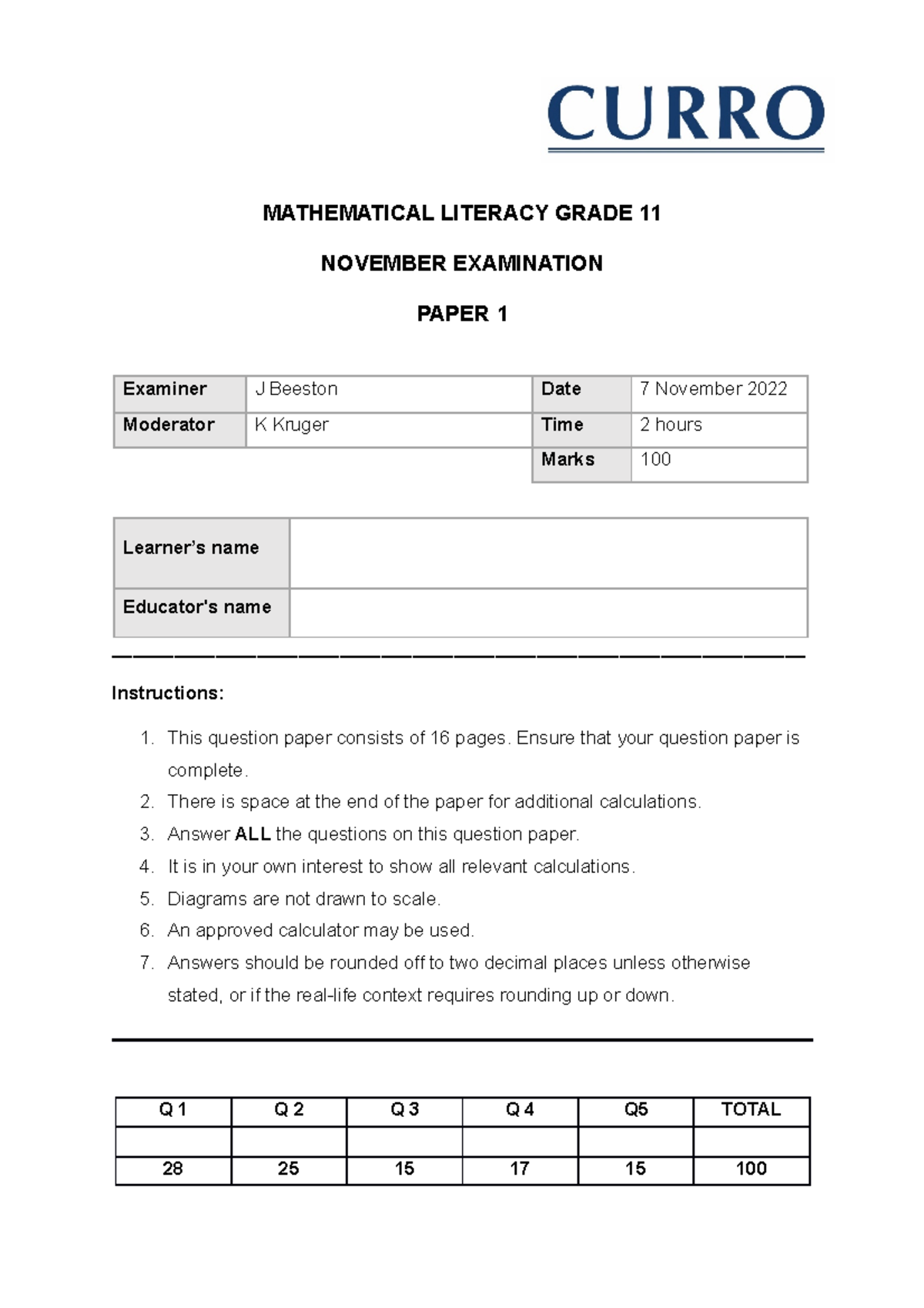 Gr11 ML P1 Nov 2022 - Practice - MATHEMATICAL LITERACY GRADE 11 ...