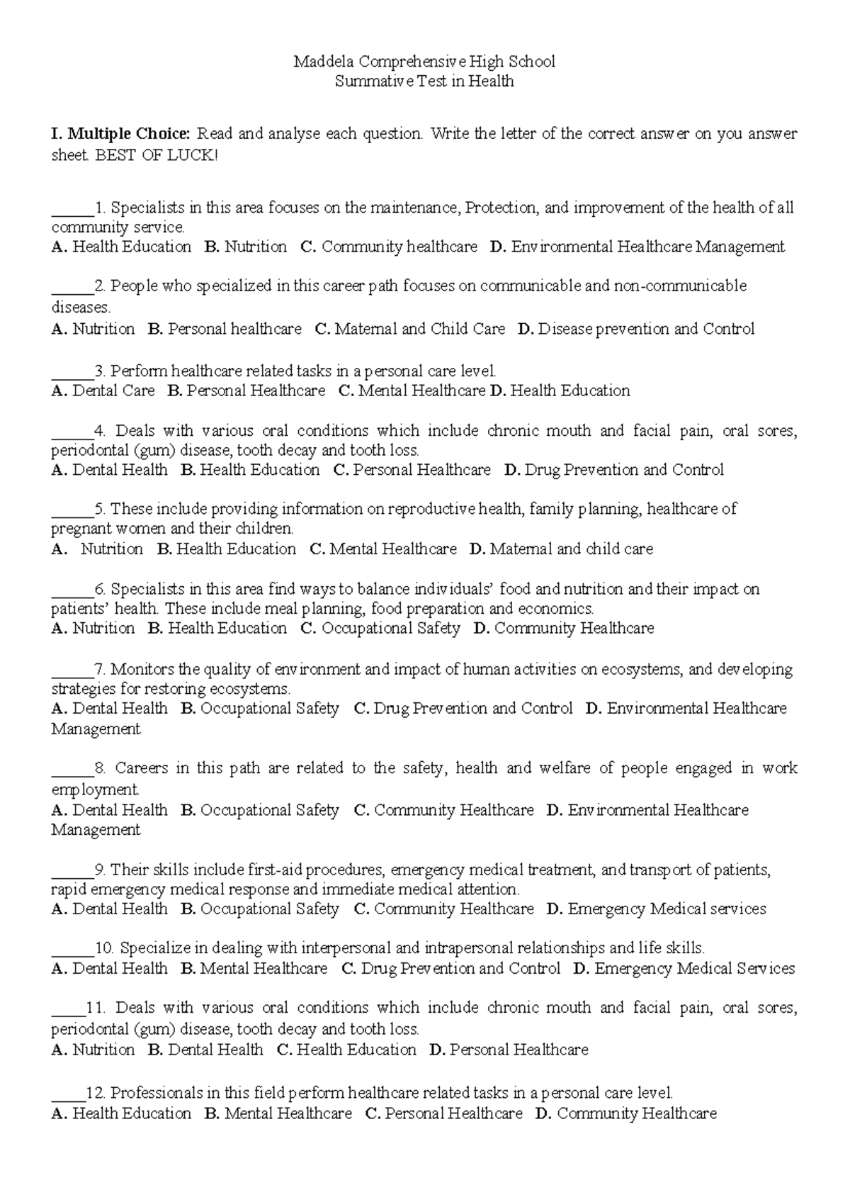 2 summative test in health career - Maddela Comprehensive High School ...