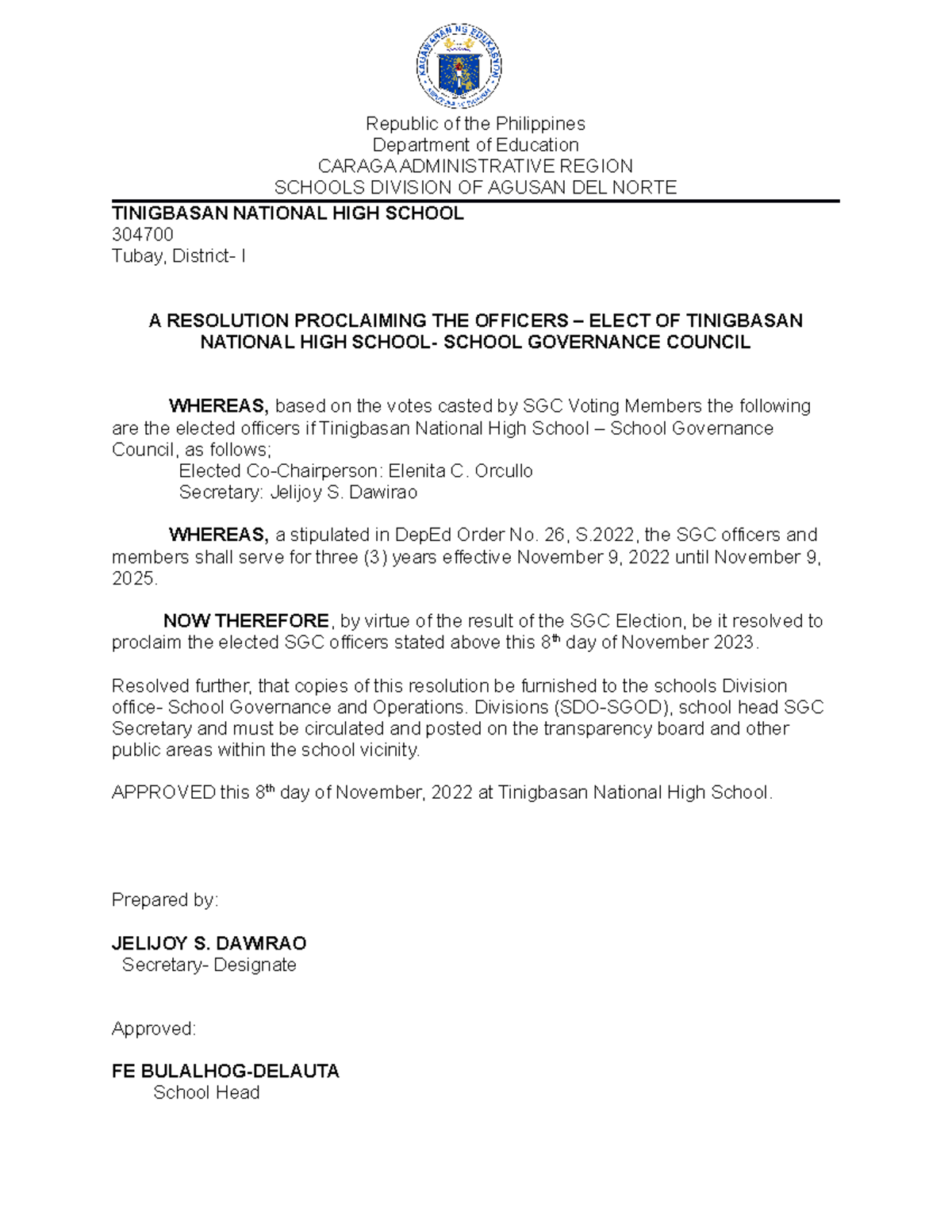 SGC Resolution - None - Republic of the Philippines Department of ...