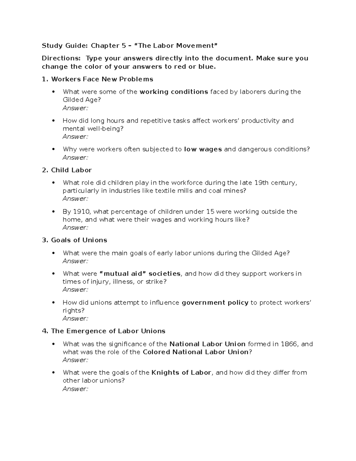 Chapter 5 Study Guide-1 - Study Guide: Chapter 5 – “The Labor Movement ...