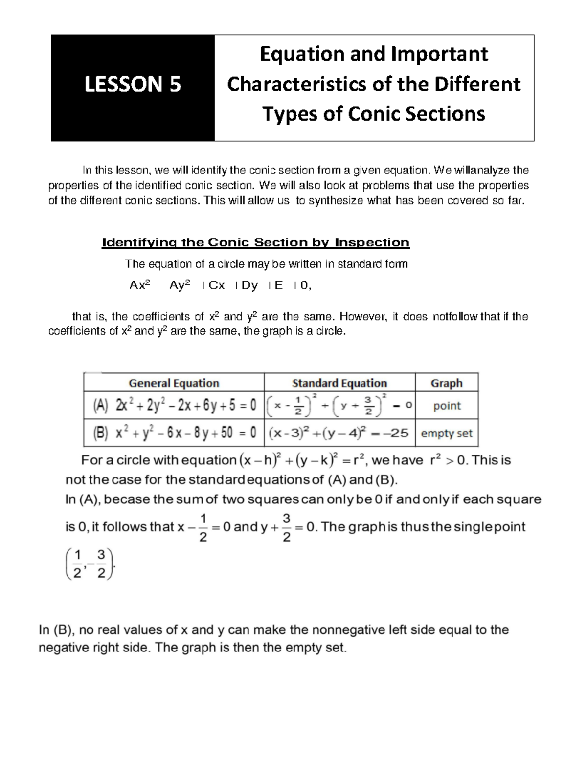 Precalculus Lesson 5 In This Lesson We Will Identify The Conic