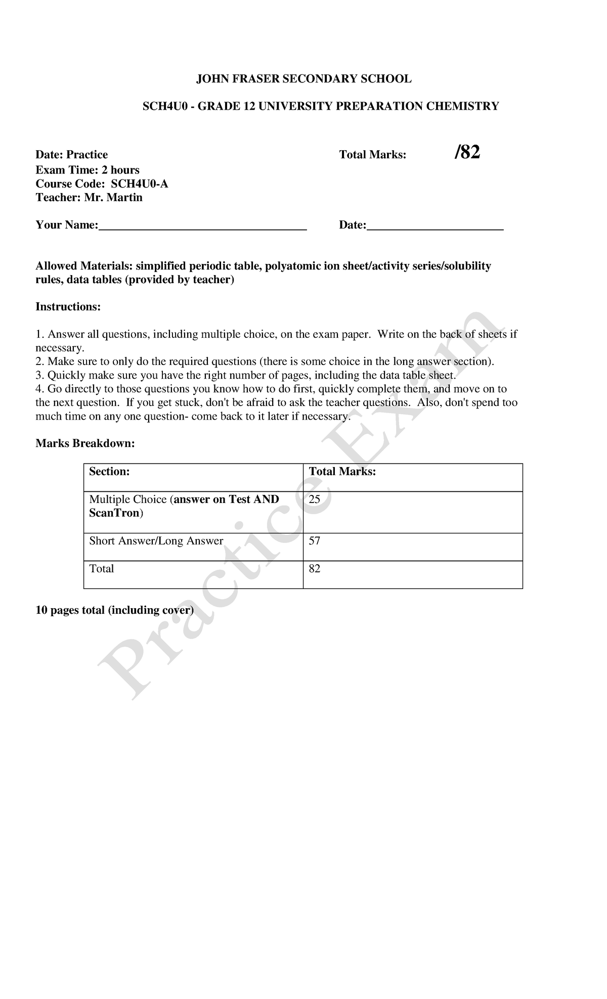 SCH4U Practice Final Exam - JOHN FRASER SECONDARY SCHOOL SCH4U0 - GRADE ...