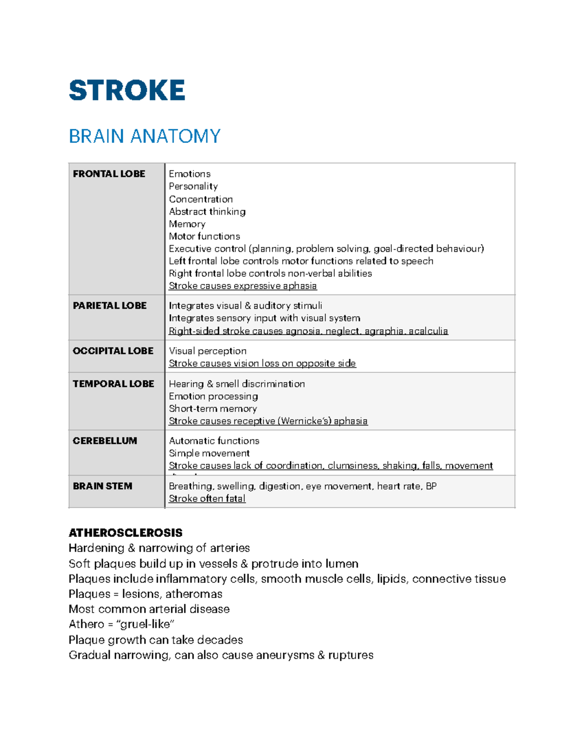 Stroke & CKD Final Study Notes - STROKE BRAIN ANATOMY ATHEROSCLEROSIS ...