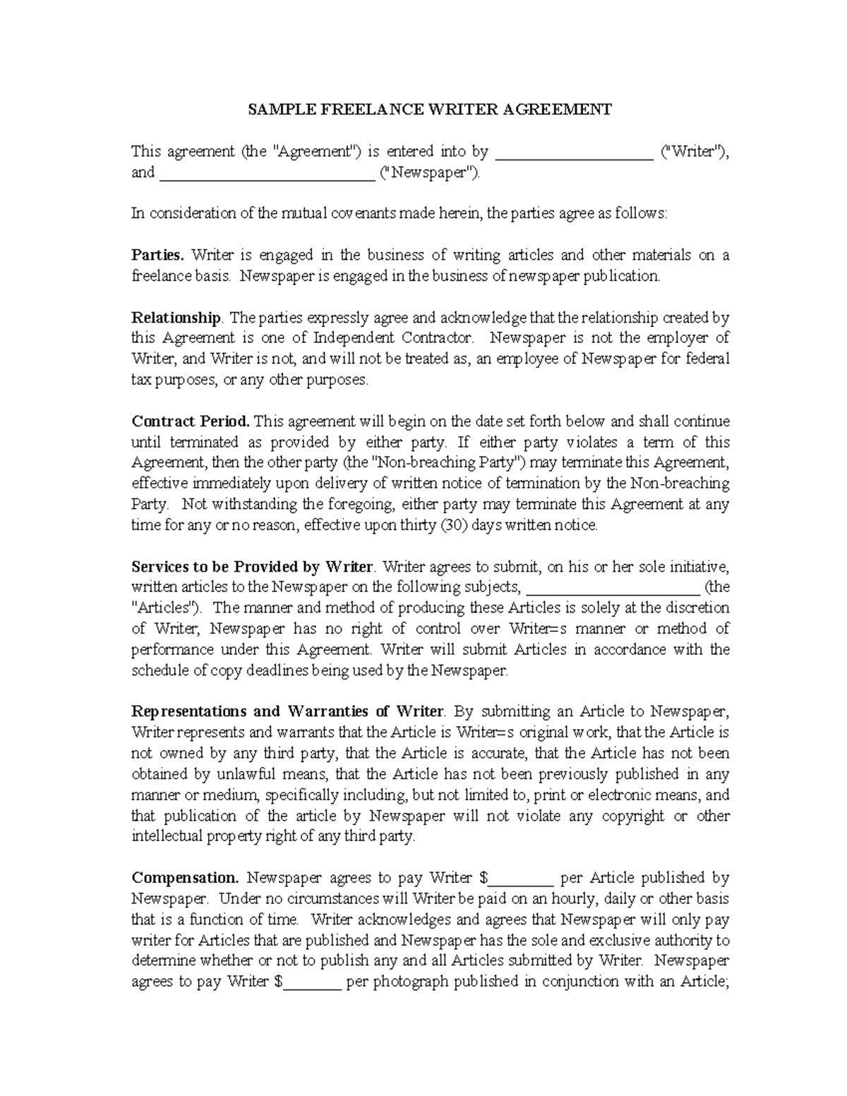 Freelance - vss - SAMPLE FREELANCE WRITER AGREEMENT This agreement (the ...