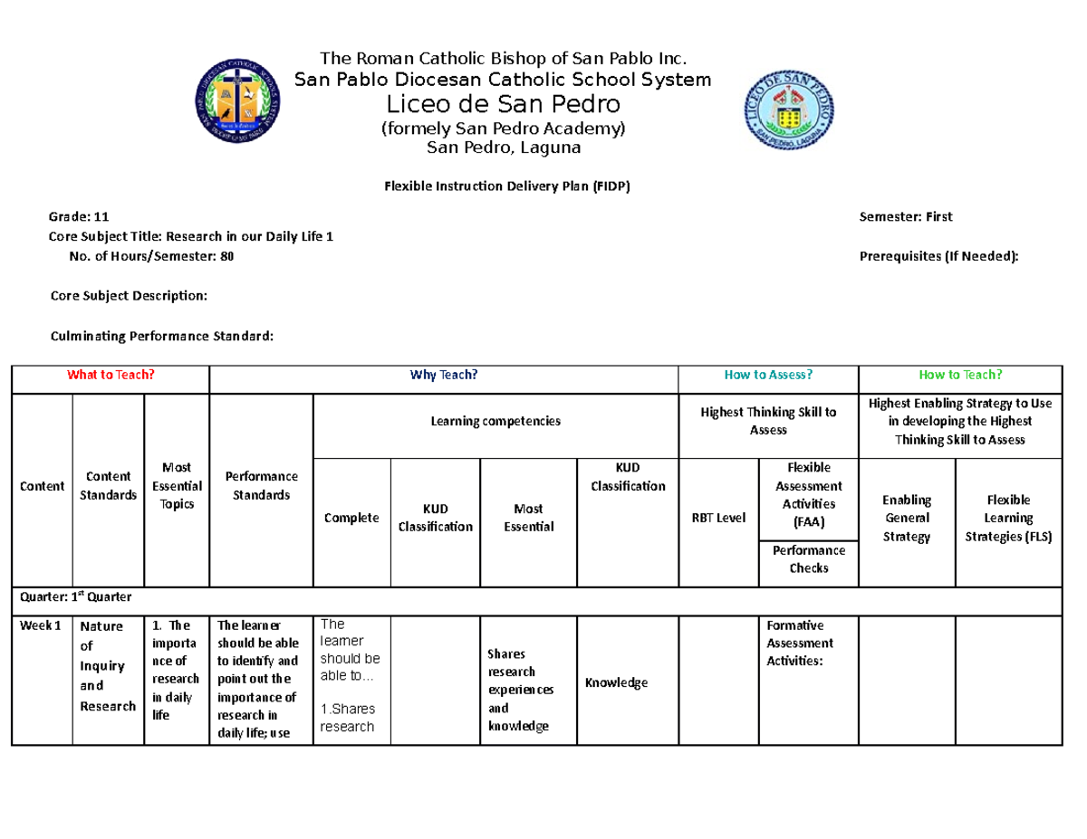 FIDP-PR1 - Flexible Instruction Development Plan - San Pablo Diocesan ...