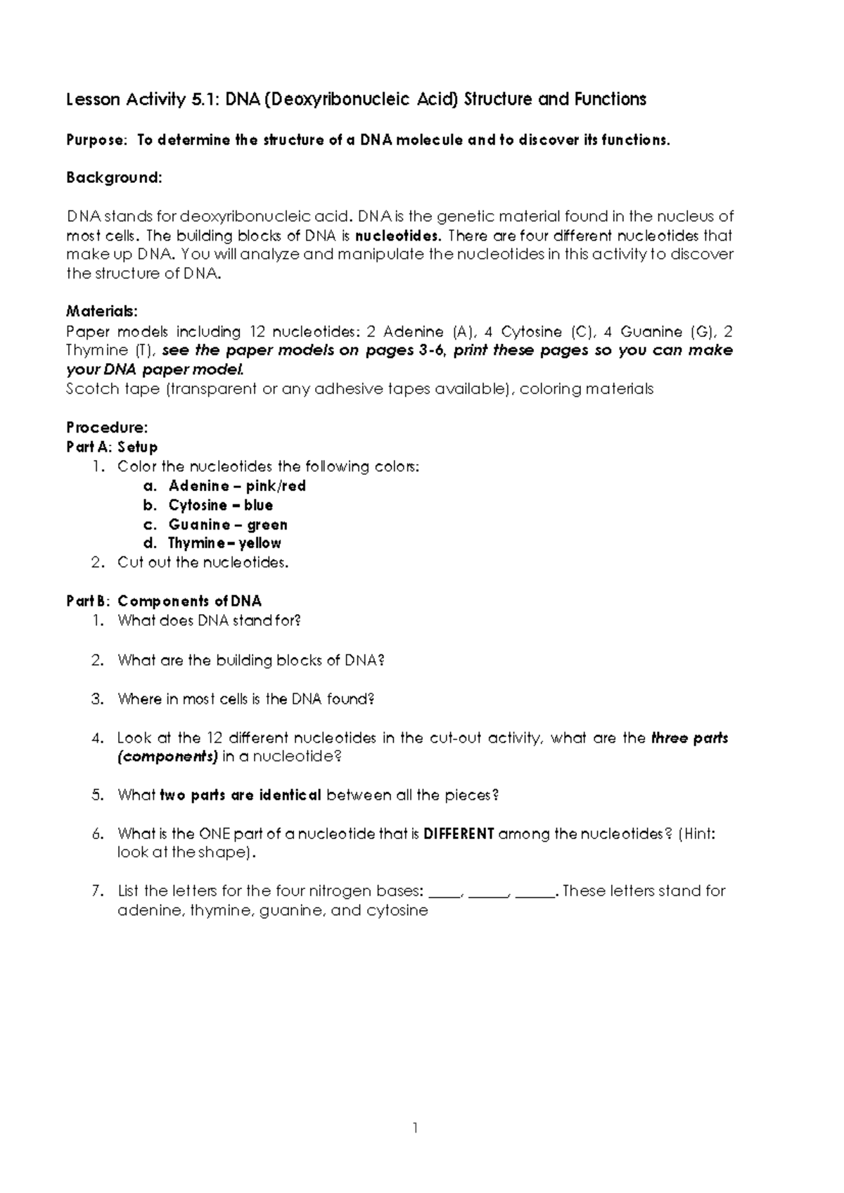 DNA Cut Out Activity - ertyuiop - Lesson Activity 5: DNA ...