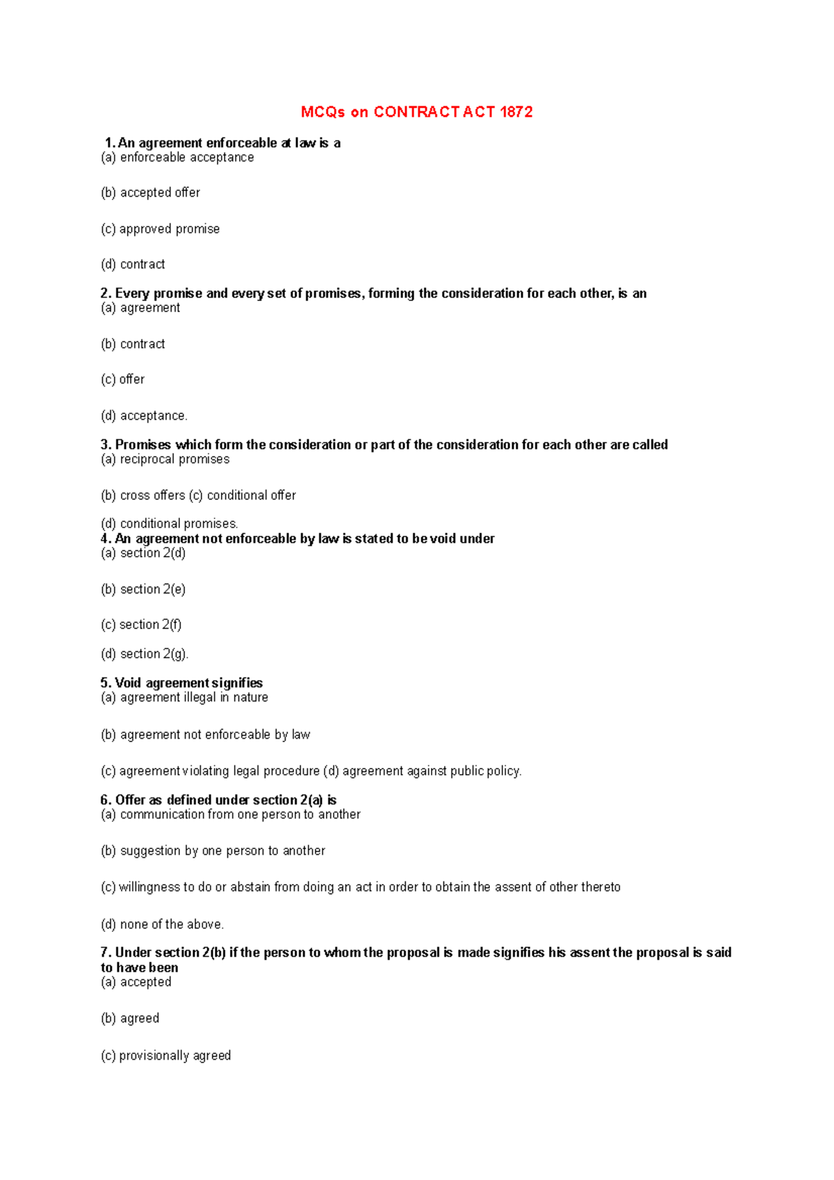 Contract IMP H QUES - MCQs on CONTRACT ACT 1872 (a) enforceable acceptance 1. An agreement - Studocu