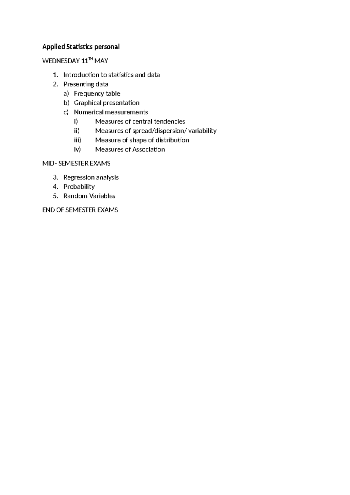 Applied Statistics Notes Applied Statistics Personal Wednesday 11th 1888