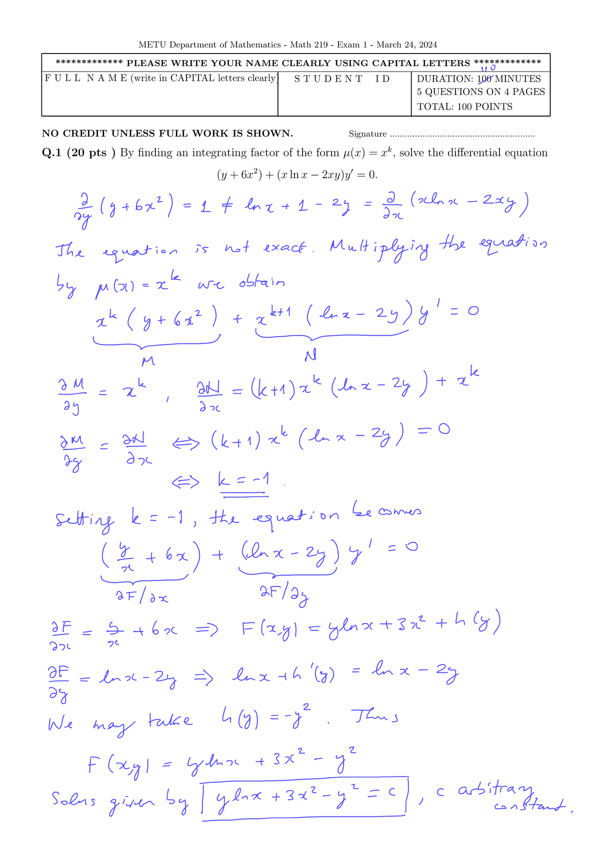 219-S24-Exam Sample Solutions - S T U D E N T I D DURATION: 100 MINUTES ...