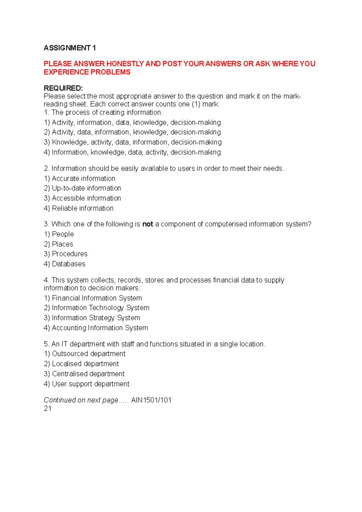 Preparation for assignment 1 - ASSIGNMENT 1 PLEASE ANSWER HONESTLY AND ...