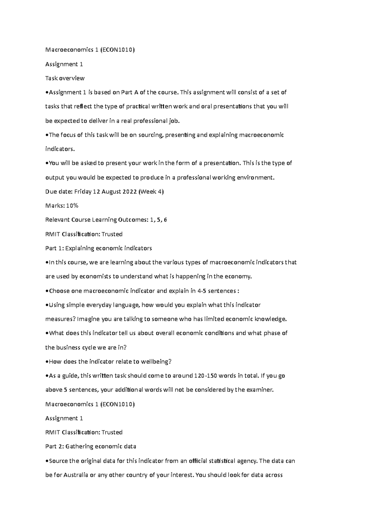 Macroeconomics assighnemnt 1 - Macroeconomics 1 (ECON1010) Assignment 1 Task overview ...