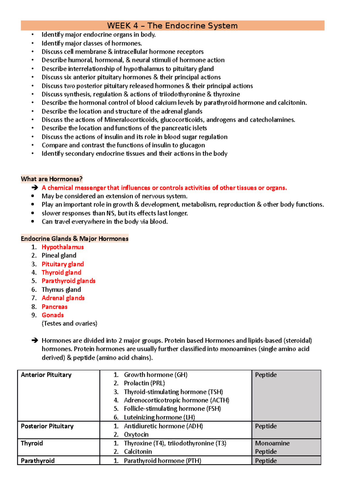 Endocrine System - WEEK 4 – The Endocrine System Identify major ...