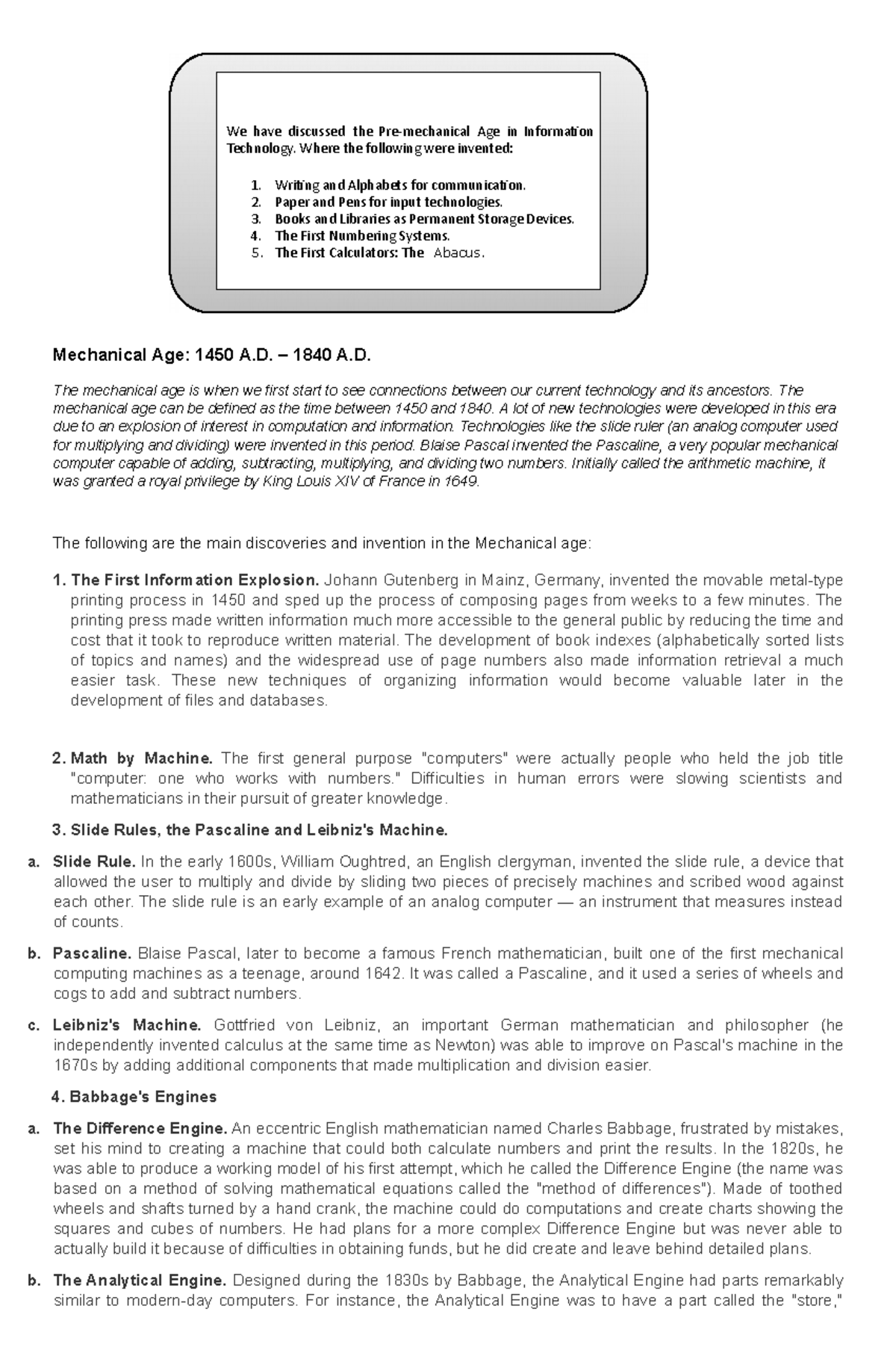 Living in IT Era - Mechanical Age: 1450 A. – 1840 A. The mechanical age ...