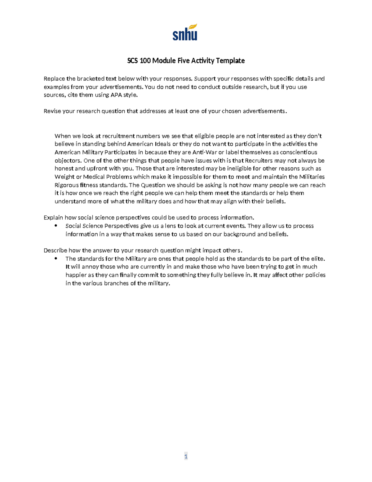 SCS 100 Module Five Activity - Support your responses with specific details and examples from ...