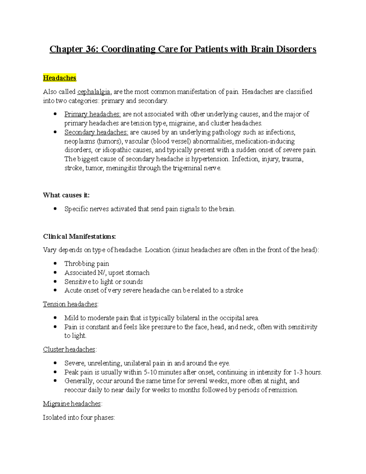 Chap 36 - Brain Disorders Notes - Chapter 36: Coordinating Care for ...