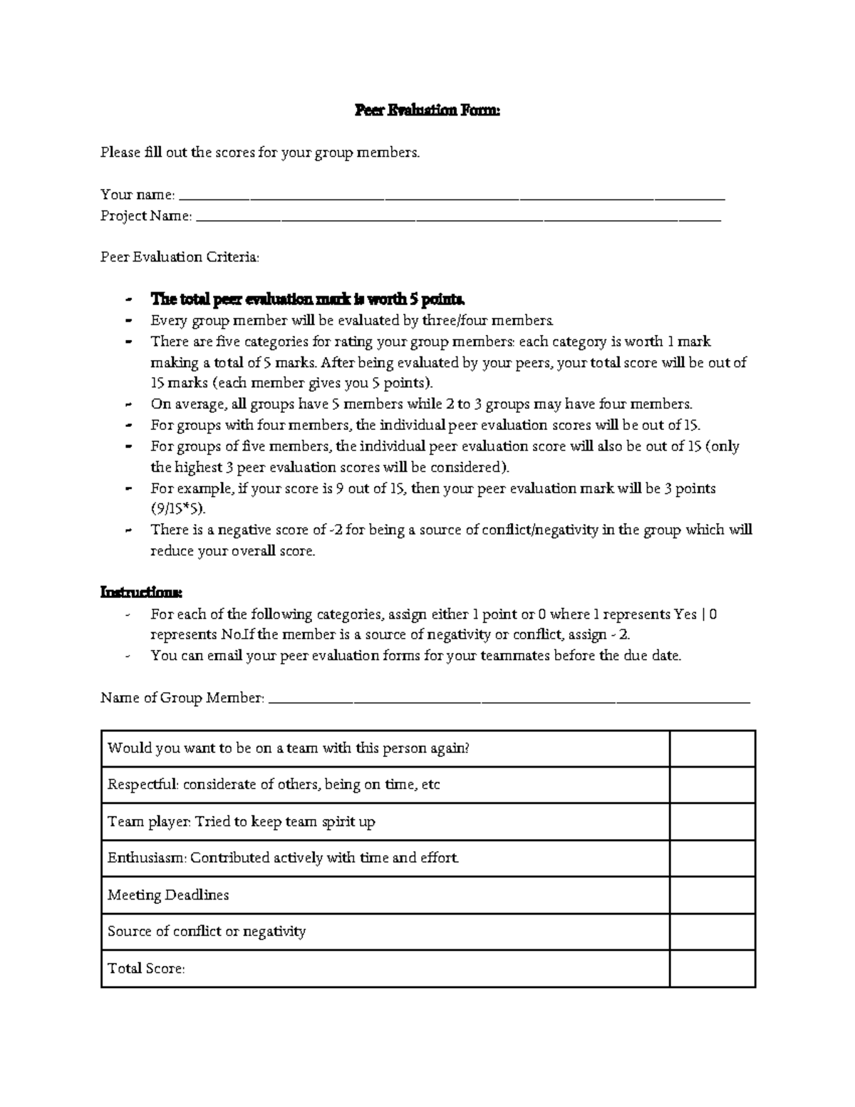 Peer Evaluation Form - Peer Evaluation Form: Please fill out the scores ...