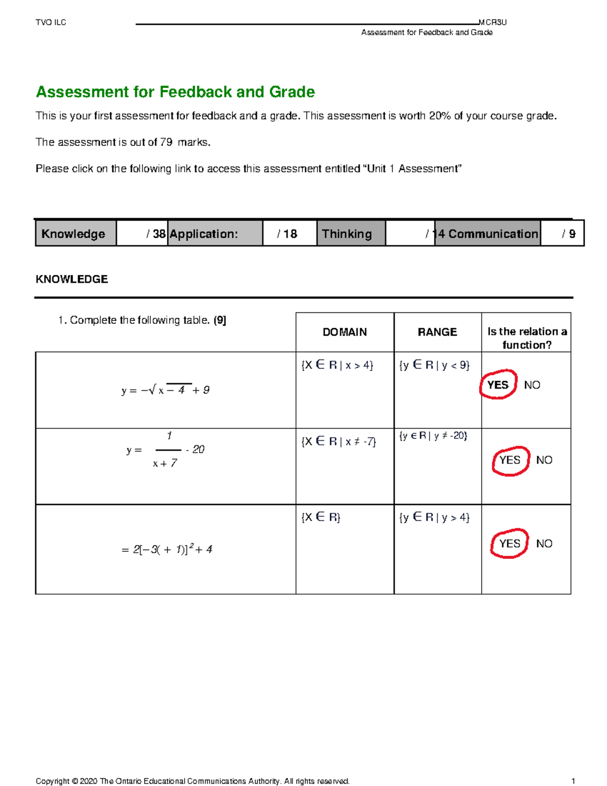 Math Unit One Assesment - Assessment for Feedback and Grade Assessment ...