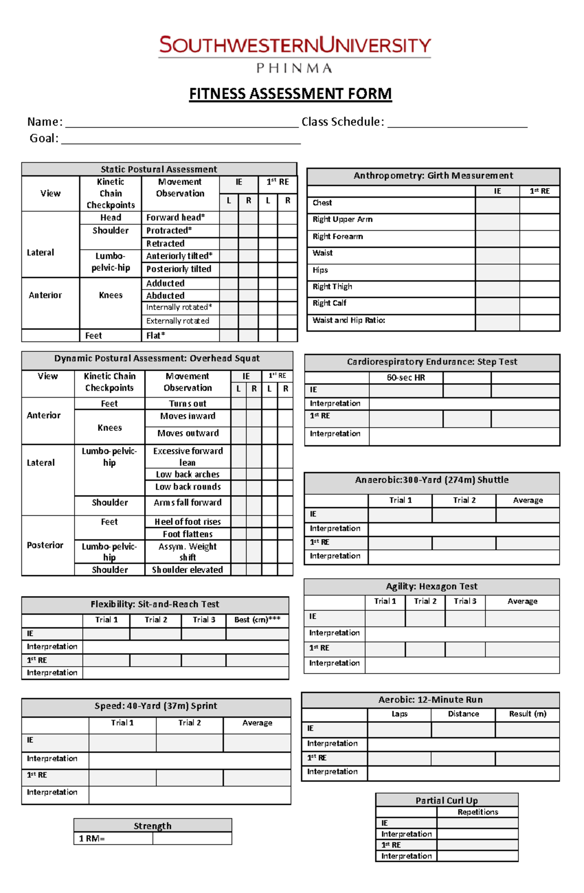 PFA Form and Criterion - PED 026 - FITNESS ASSESSMENT FORM Name