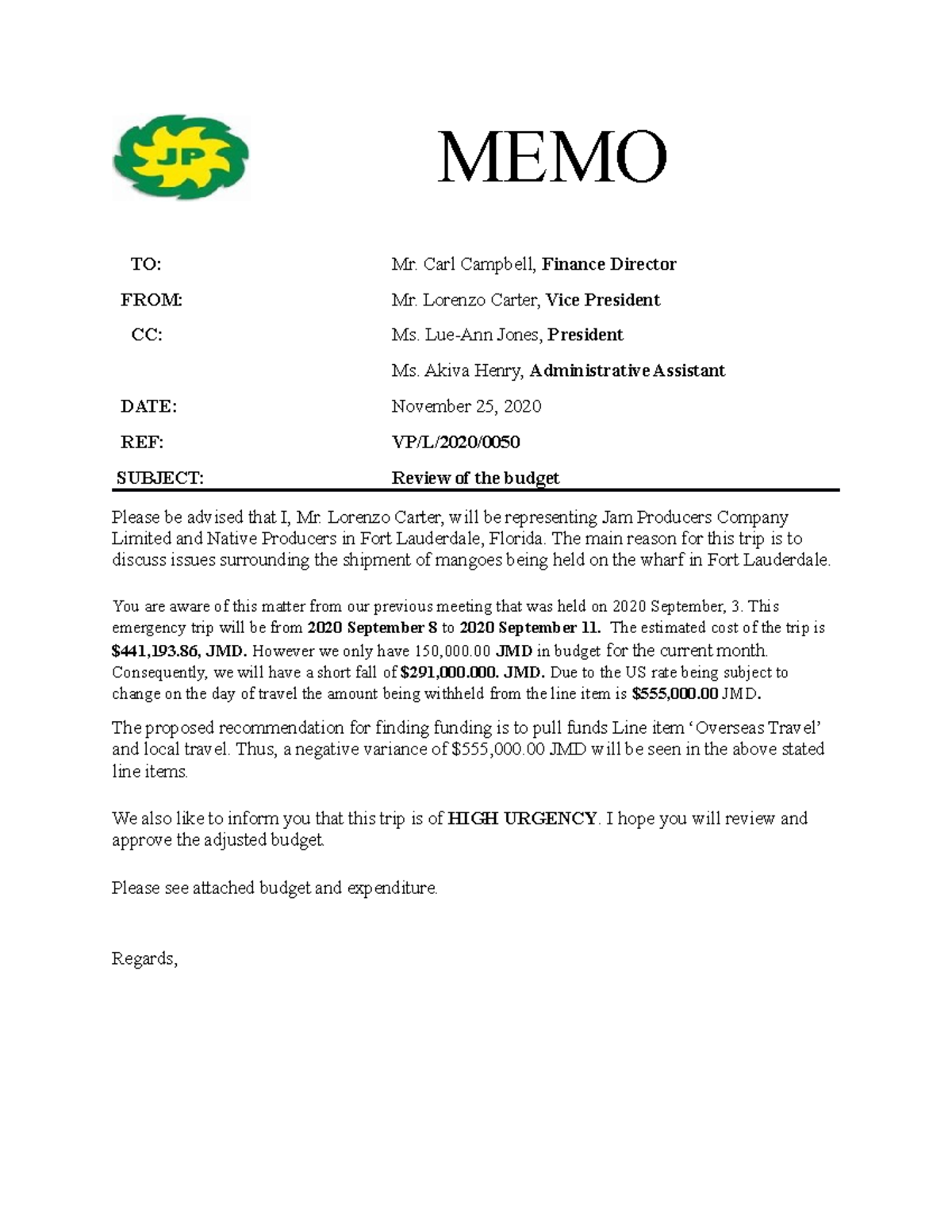 Memo to Finance Director -Review of Budget - MEMO TO: Mr. Carl Campbell ...