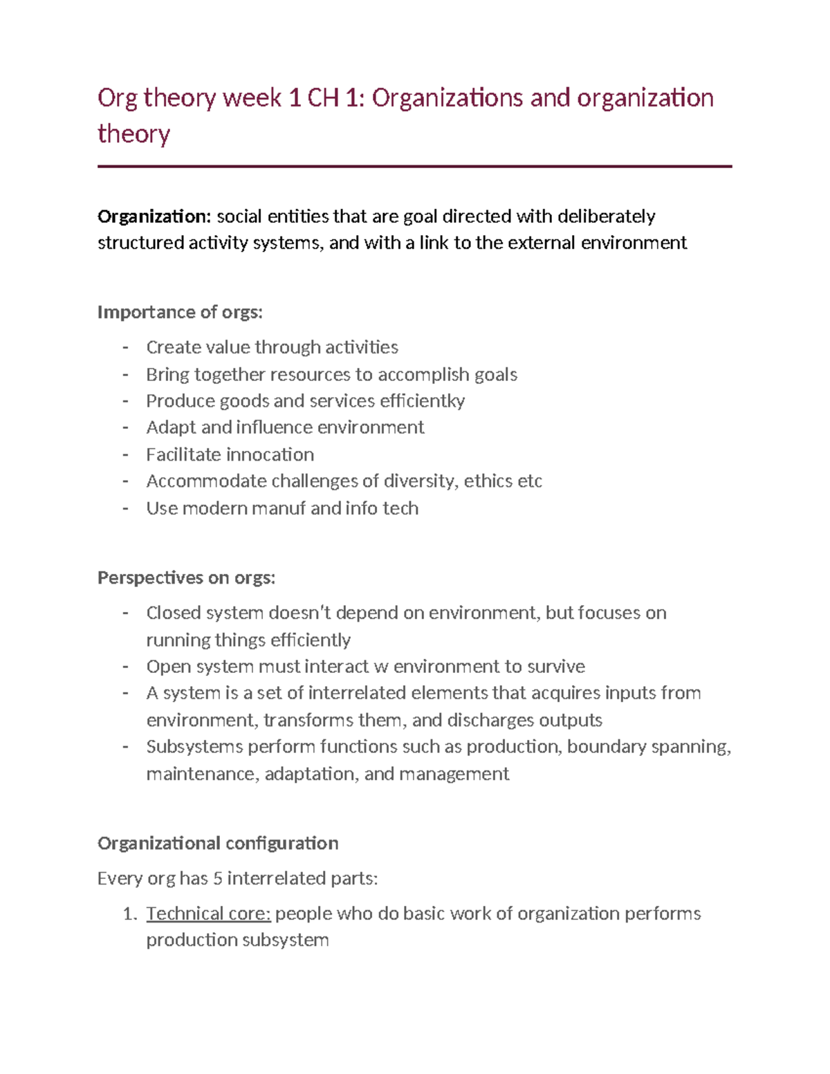 Org theory week 1 CH 1 - lecture notes - Org theory week 1 CH 1 ...