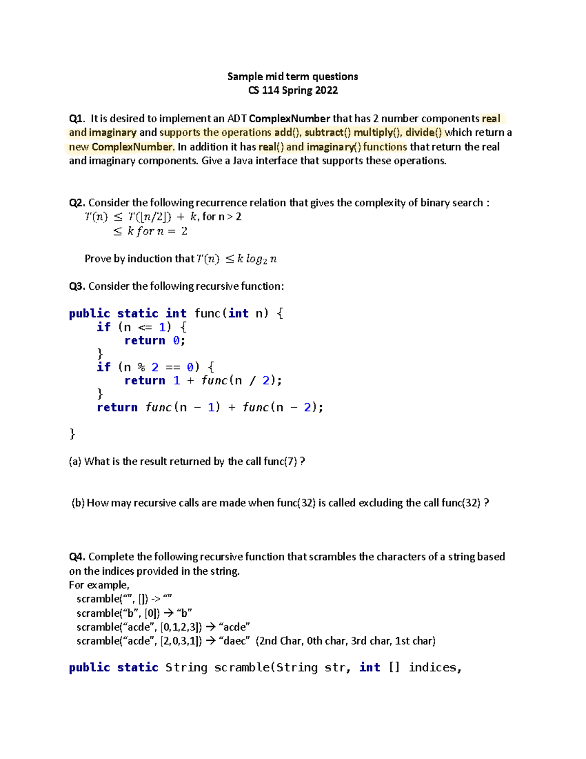 Sample Mid Term Questions - Sample mid term questions CS 114 Spring ...