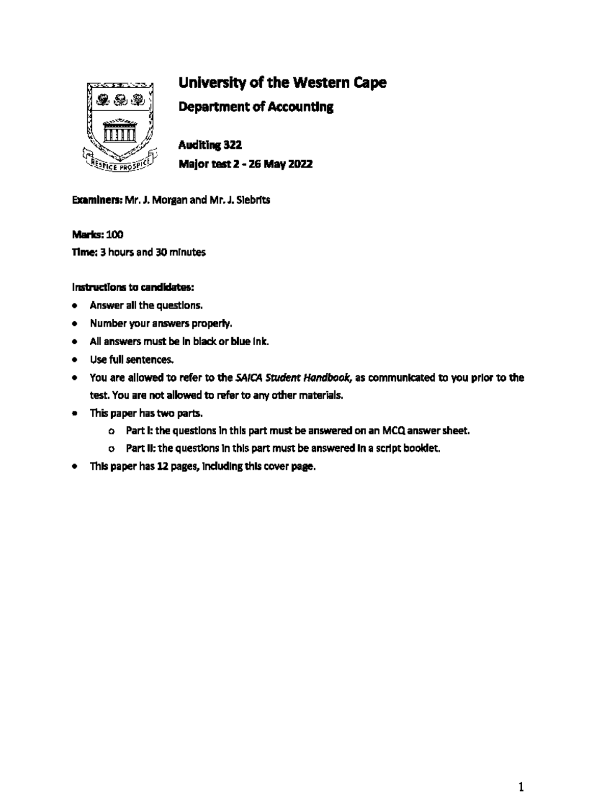 AUD322 exam paper - AUD 322 - Studocu