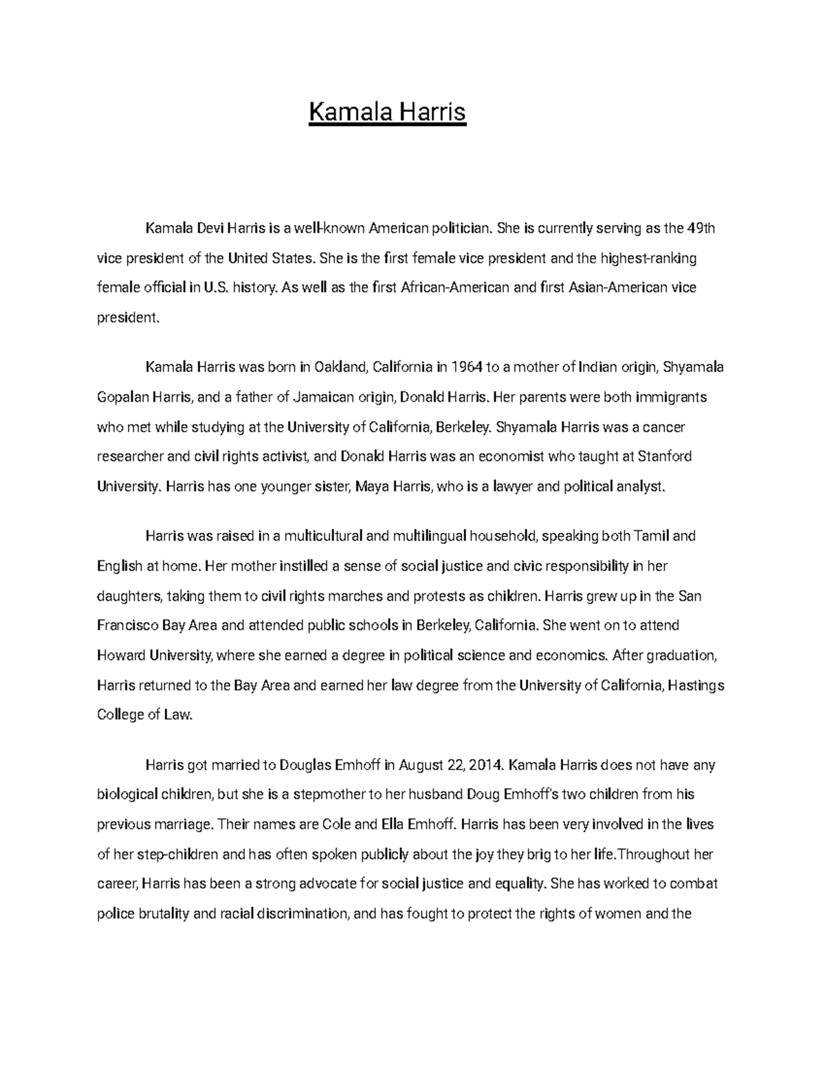 Bio Essay - Kamala Harris- Final Essay - Kamala Harris Kamala Devi ...