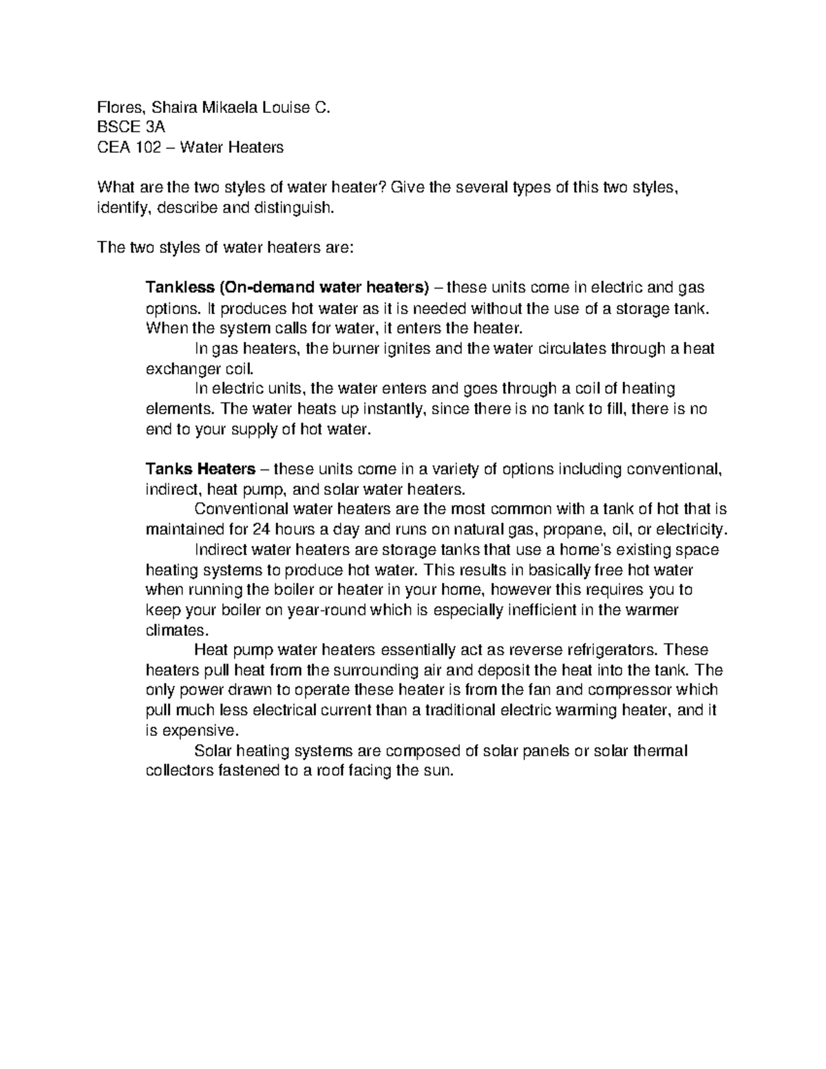 Water Heaters, CEA 102 - Flores, Shaira Mikaela Louise C. BSCE 3A CEA ...
