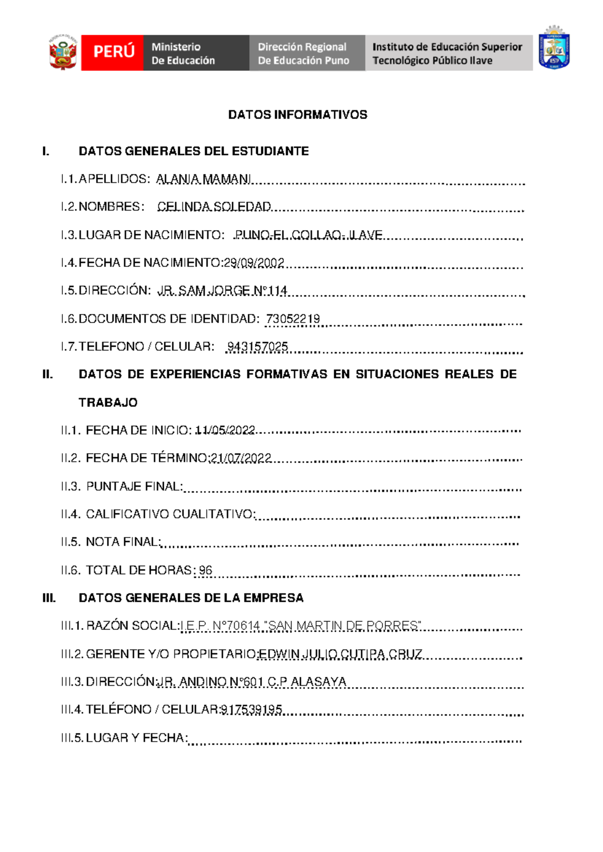 Datos Informativos - DATOS INFORMATIVOS I. DATOS GENERALES DEL ...