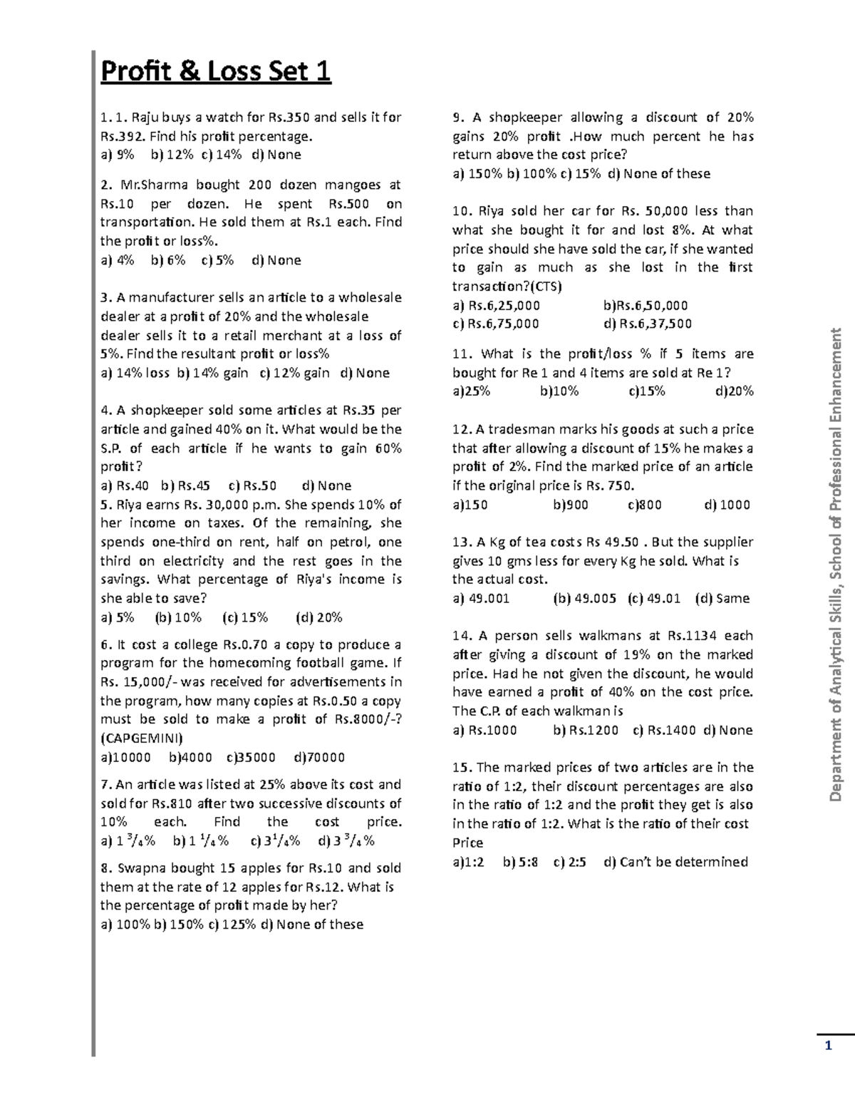 Profit Loss Set 1 - Raju buys a watch for Rs and sells it for Rs. Find ...