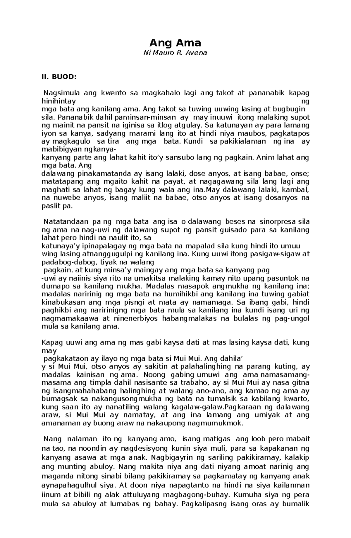 ANG AMA NI Mauro Avena - Ang Ama Ni Mauro R. Avena II. BUOD: Nagsimula ang kwento sa magkahalo ...