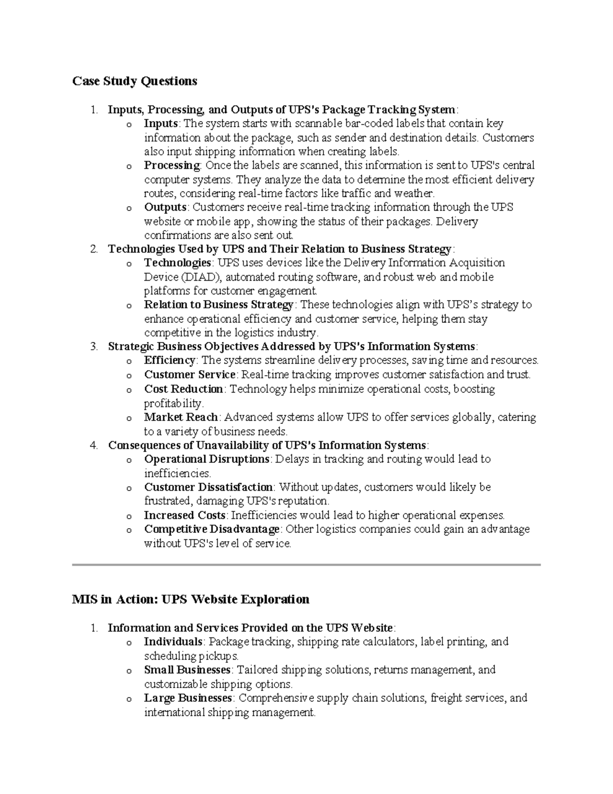 MIS - mis - Case Study Questions Inputs, Processing, and Outputs of UPS's Package Tracking ...