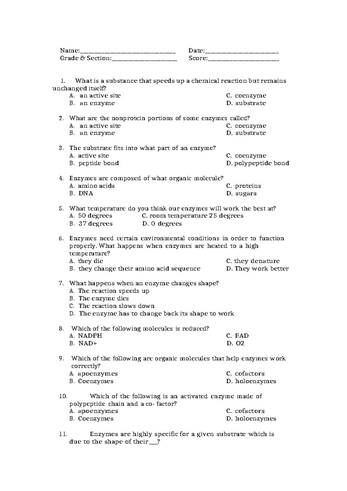 Enzyme-QUIZ - quiz - Name:___________________________________ Date