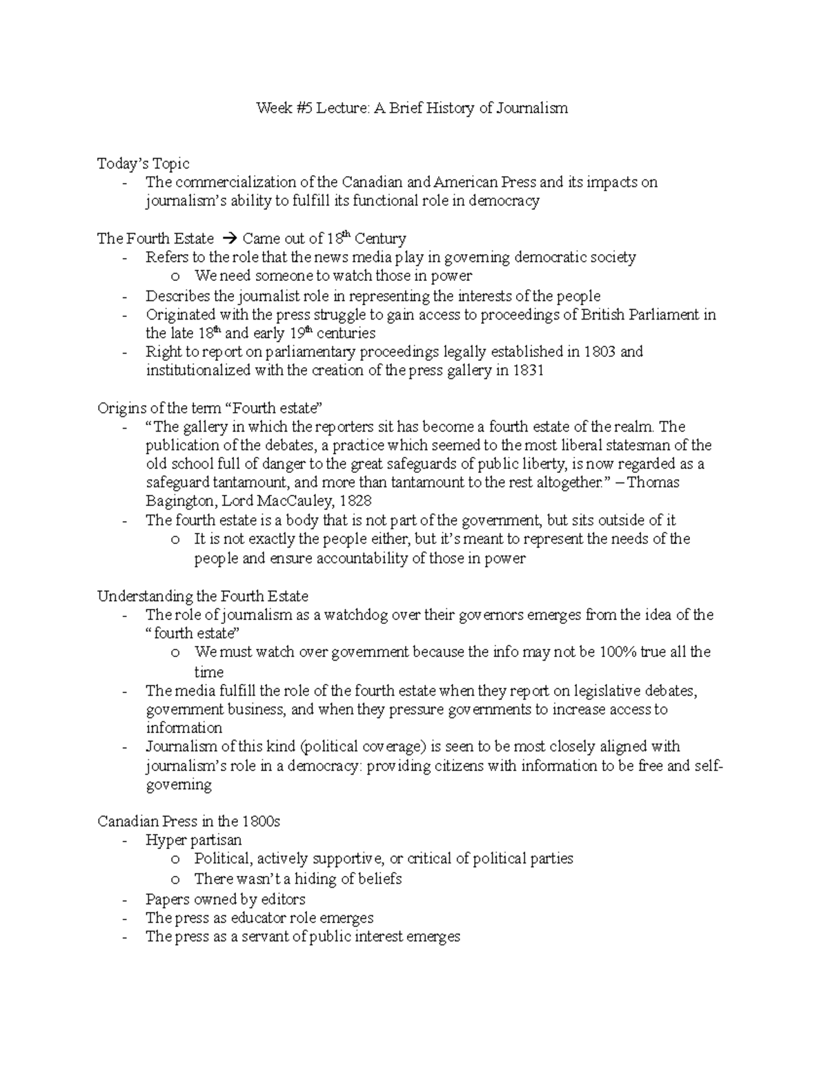Lecture 5 - Week #5 Lecture: A Brief History of Journalism Today’s ...