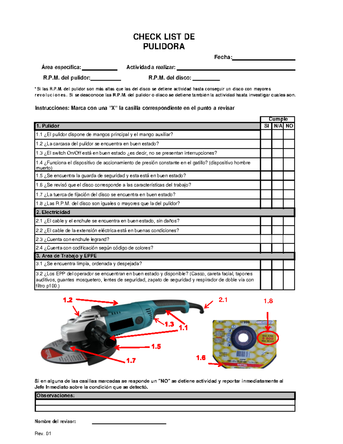 Check list Pulidora - CHECK LIST DE PULIDORA Fecha: Área específica ...