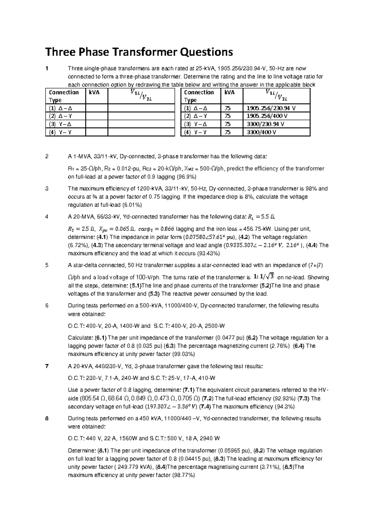 Three Phase Transformer Questions - Tutorial 1 - Three Phase ...