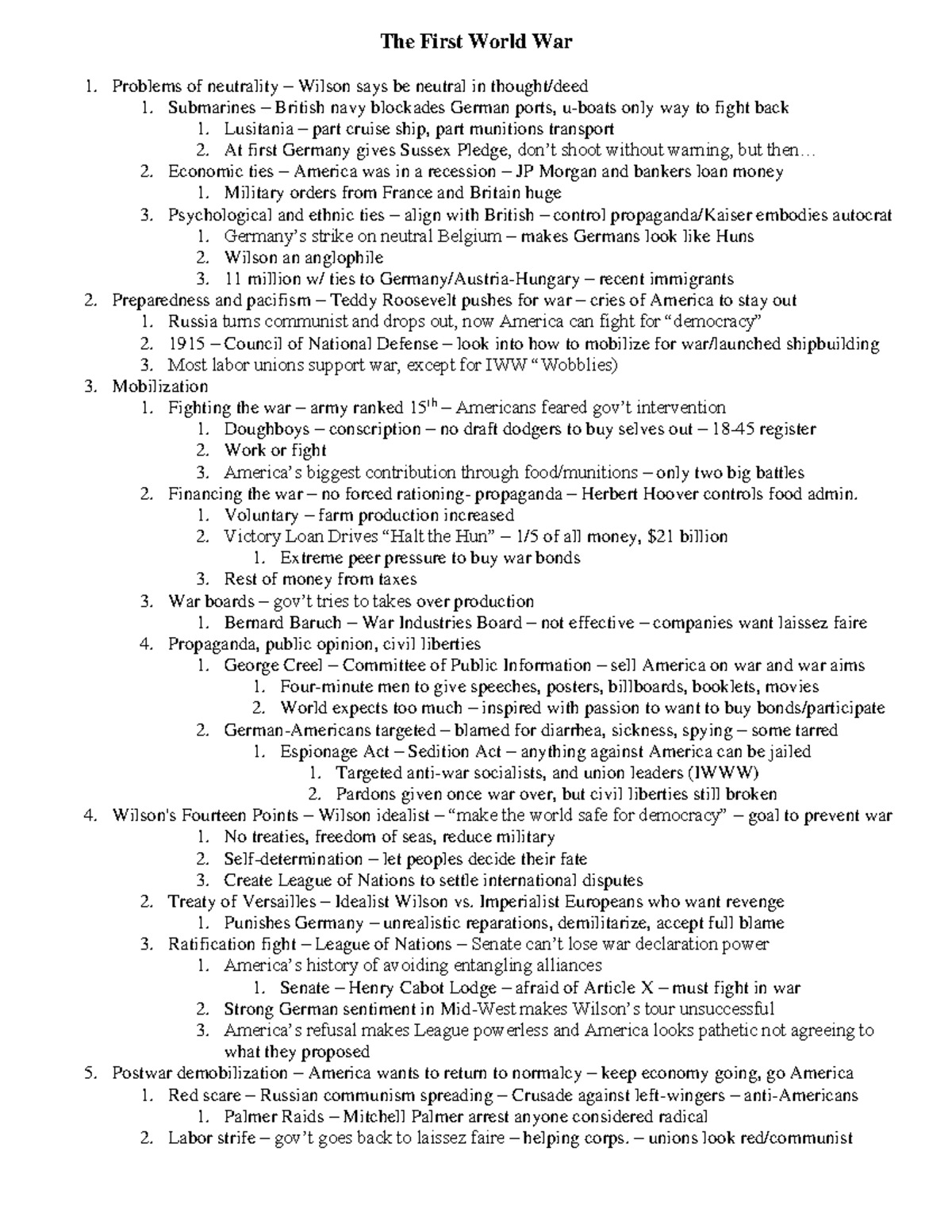 Outline 20WWI - Summarized notes for Chapter 20 - The First World War ...