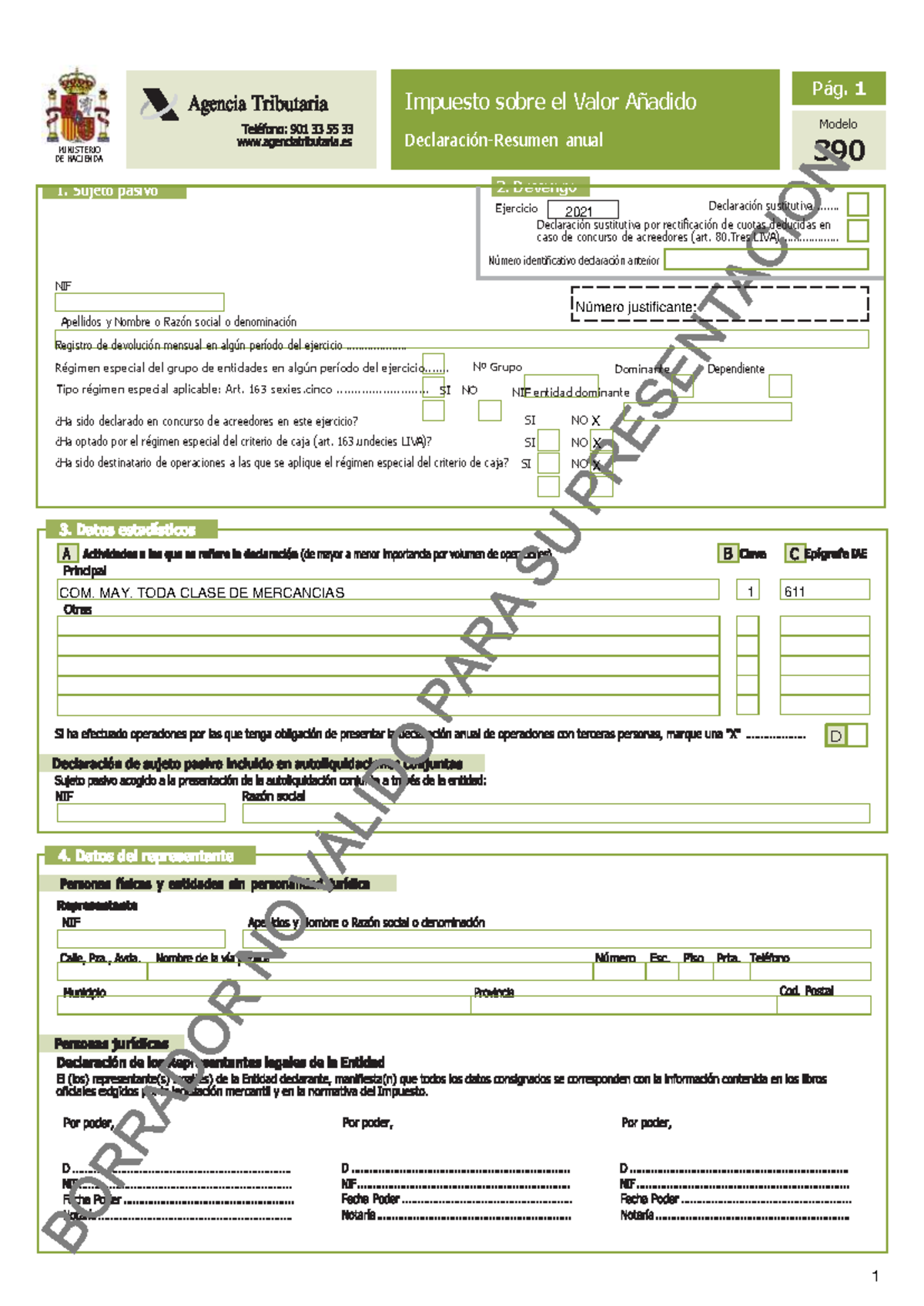 390 - MODELO 390 HACIENDA - ####### COM. MAY. TODA CLASE DE MERCANCIAS ...