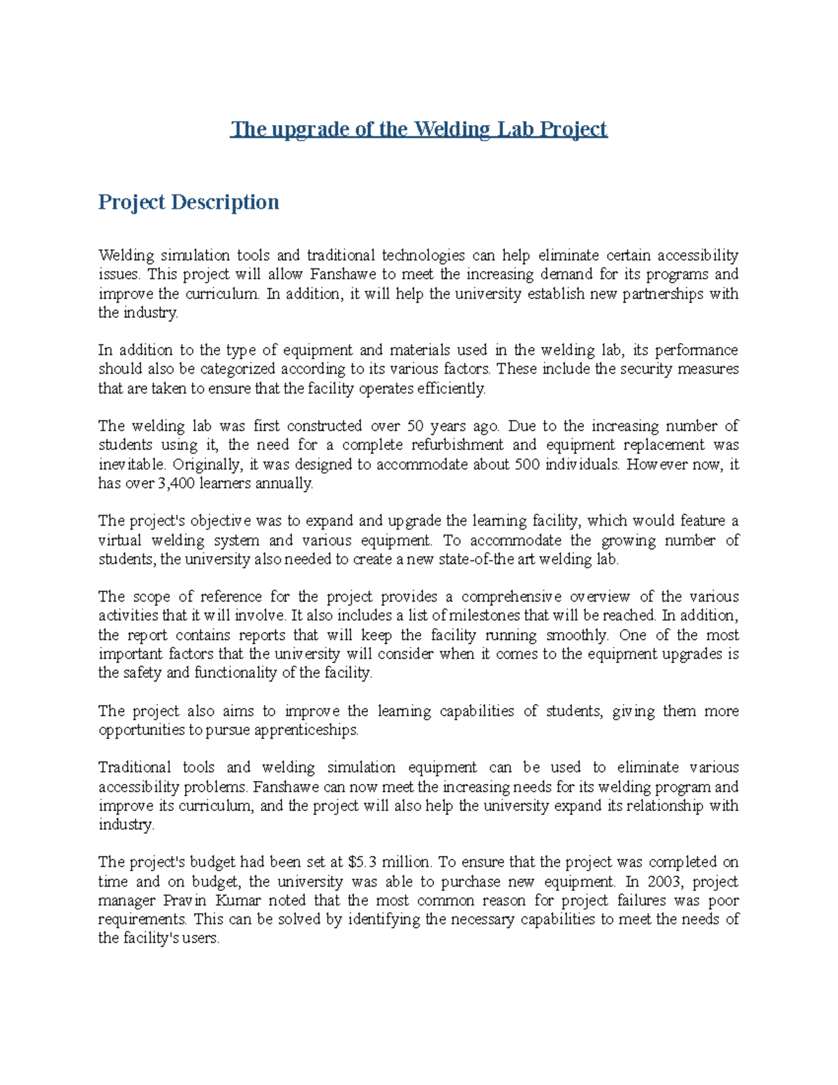 The upgrade of the Welding Lab Project - This project will allow ...