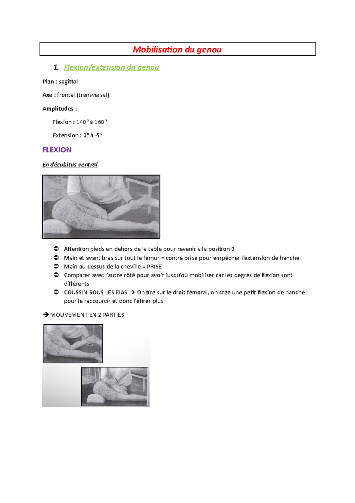 Mobilisation du genou - Flexion/extension du genou Plan : sagittal Axe ...