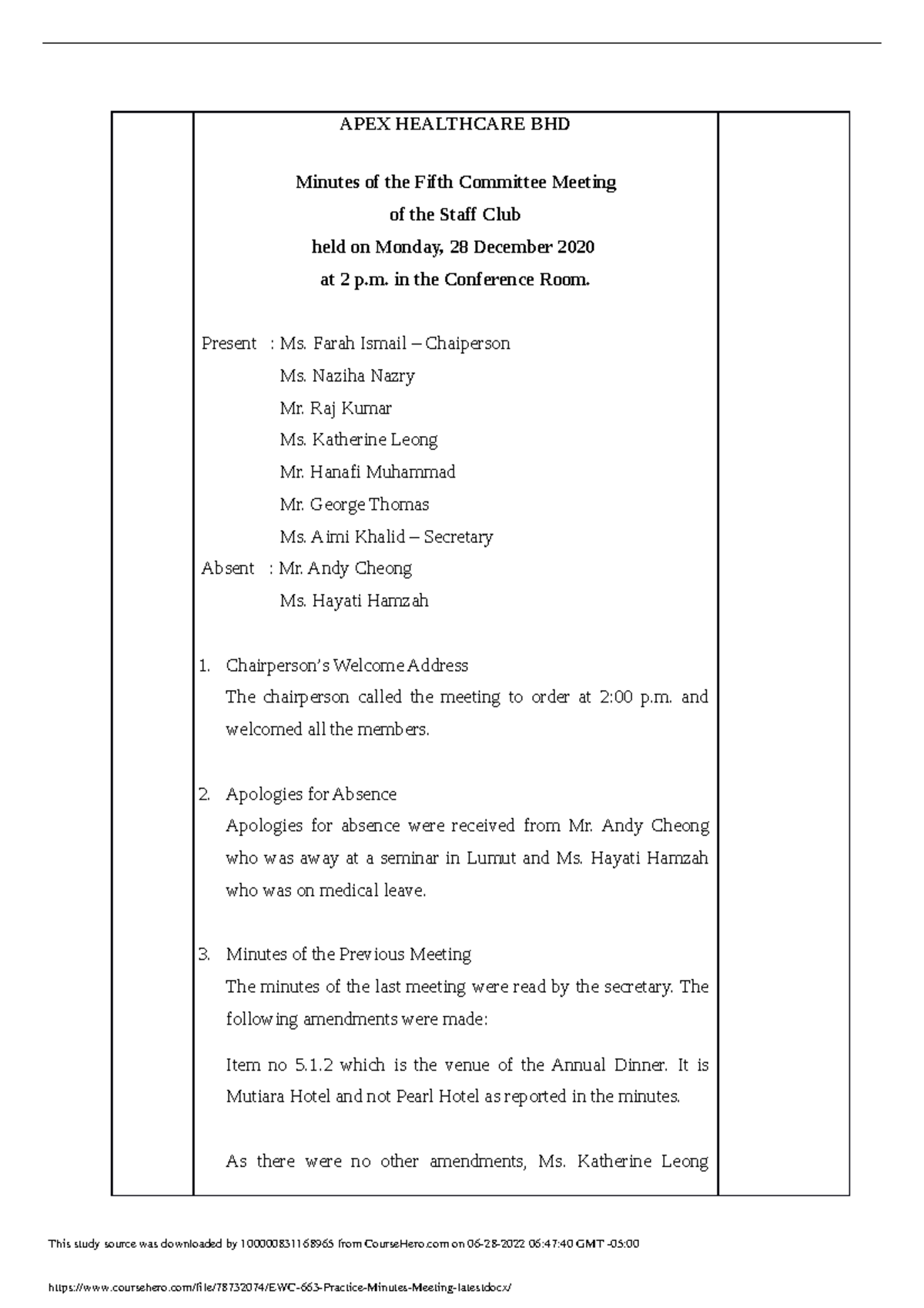 Sample MOM 1 Apex Healthcare Sdn Bhd - APEX HEALTHCARE BHD Minutes of ...